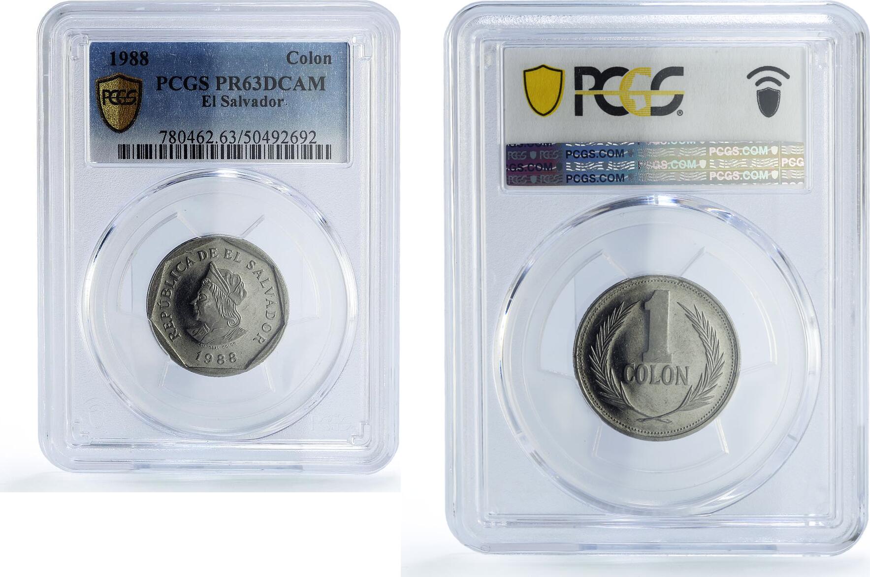 El Salvador 1 colon Republic Coinage Columbus KM-156 PR63 PCGS steel ...