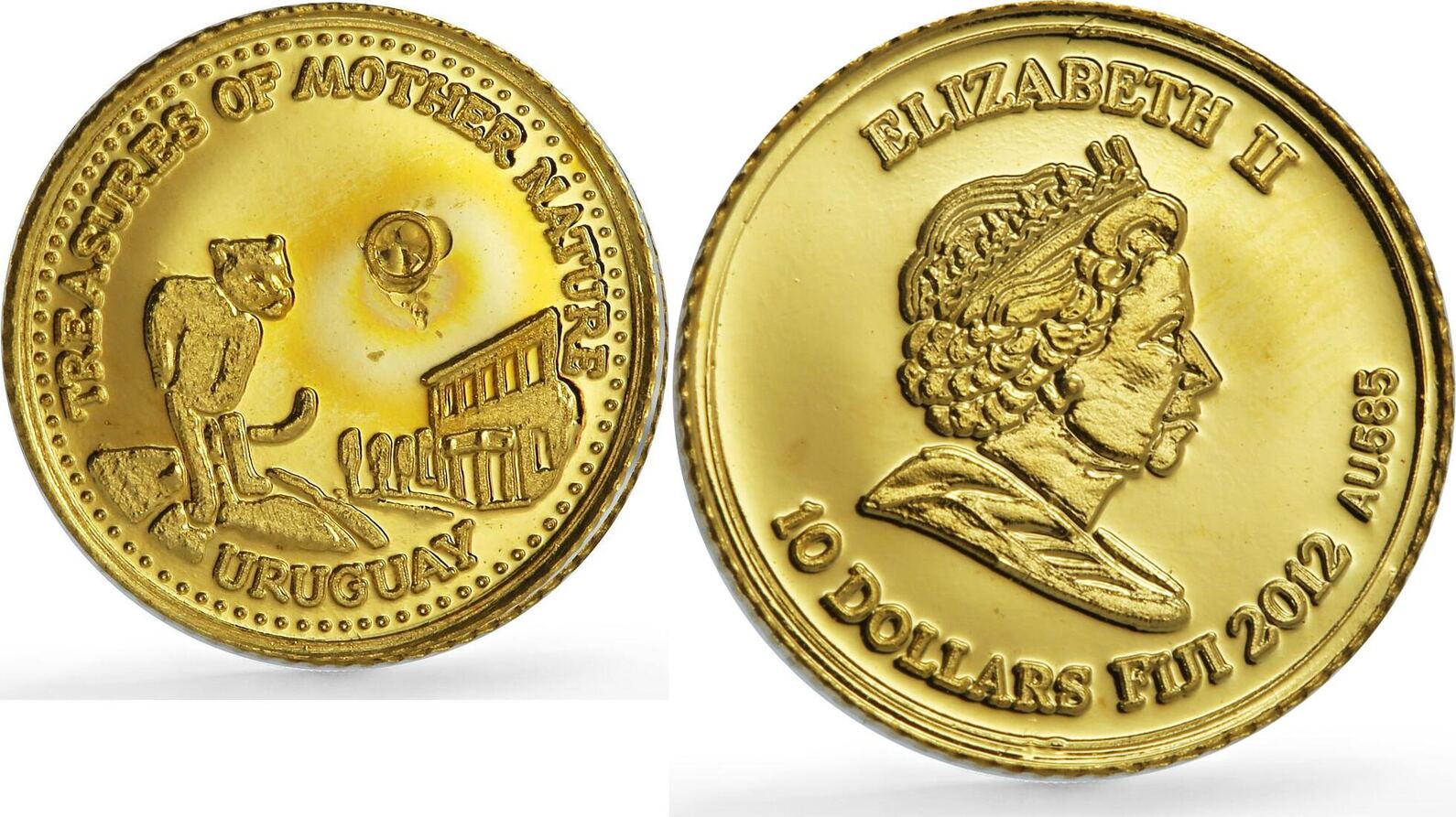 Fiji 10 dollars Treasures Uruguay Jaguar Fauna w/o Pearl proof gold ...