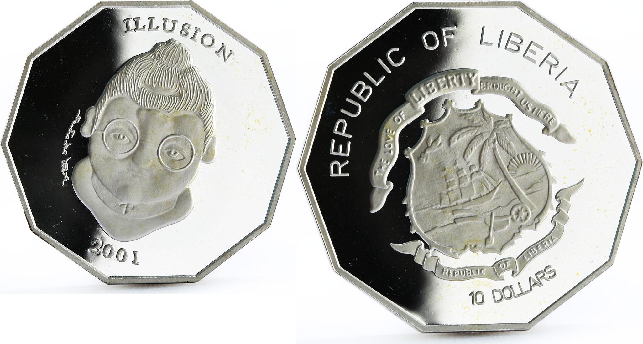 Liberia 10 dollars Female or Male Illusion silver coin 2001 Proof | MA ...