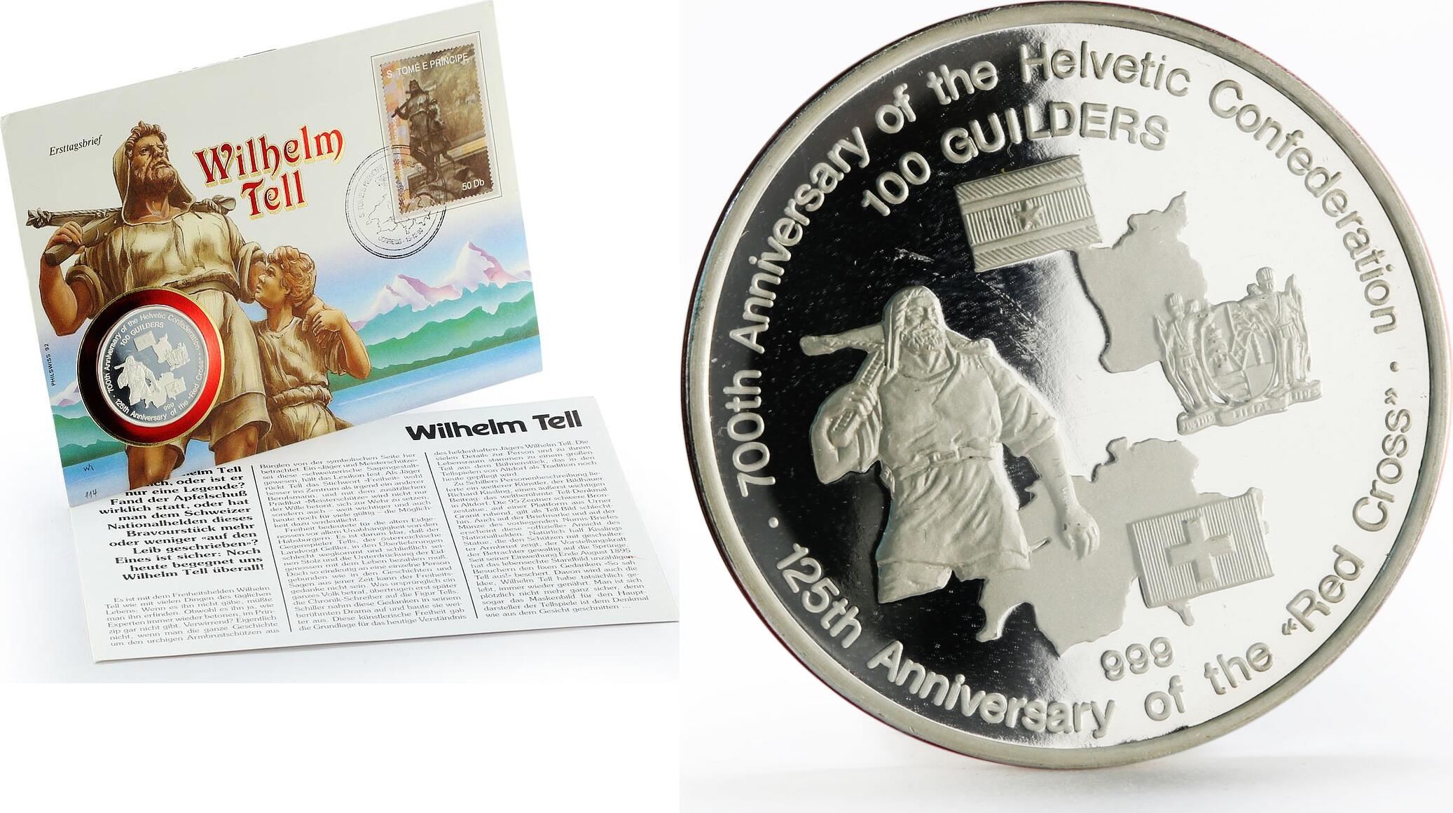 Suriname 100 guilders 125th Anniversary Red Cross proof silver coin ...