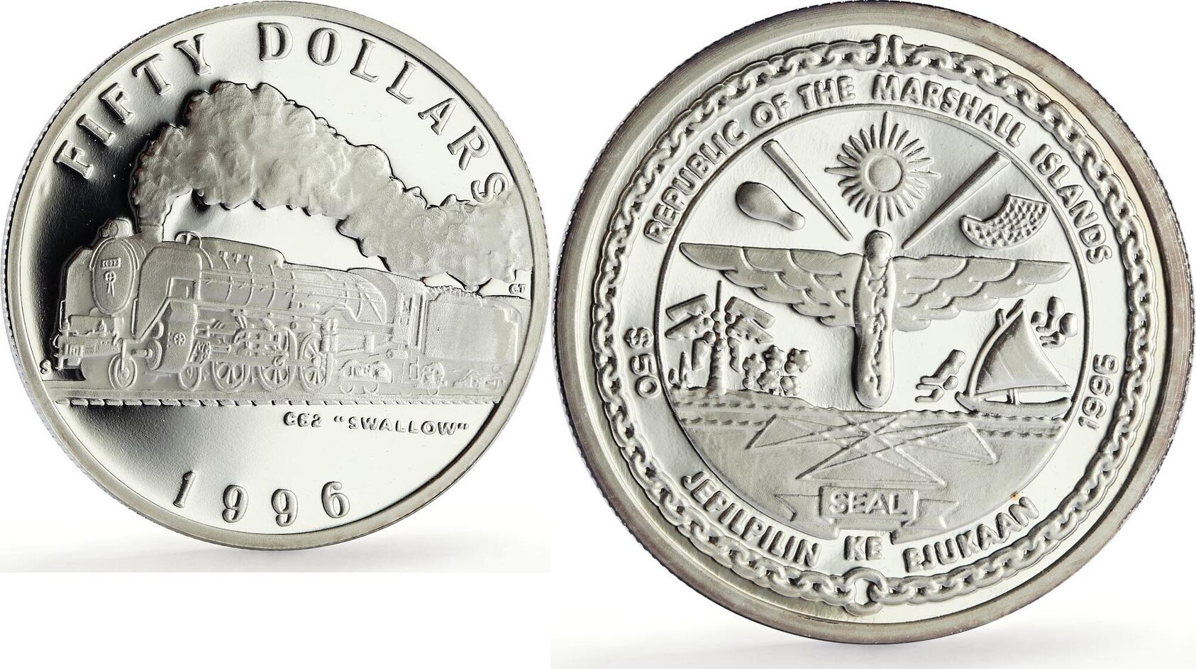 Marshall Islands 50 dollars C62 Swallow Trains Railways proof silver ...