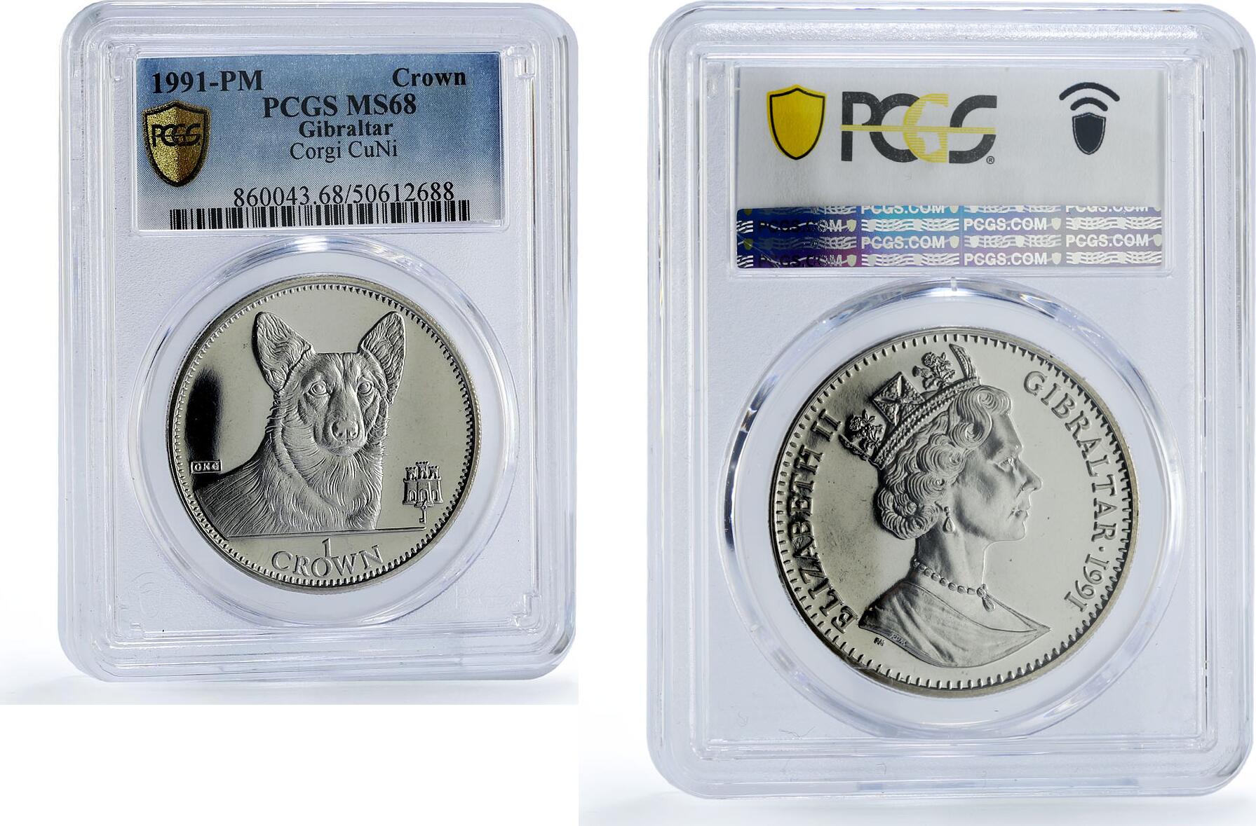 Gibraltar 1 crown Home Pets Dogs Welsh Corgi Animals MS68 PCGS CuNi ...