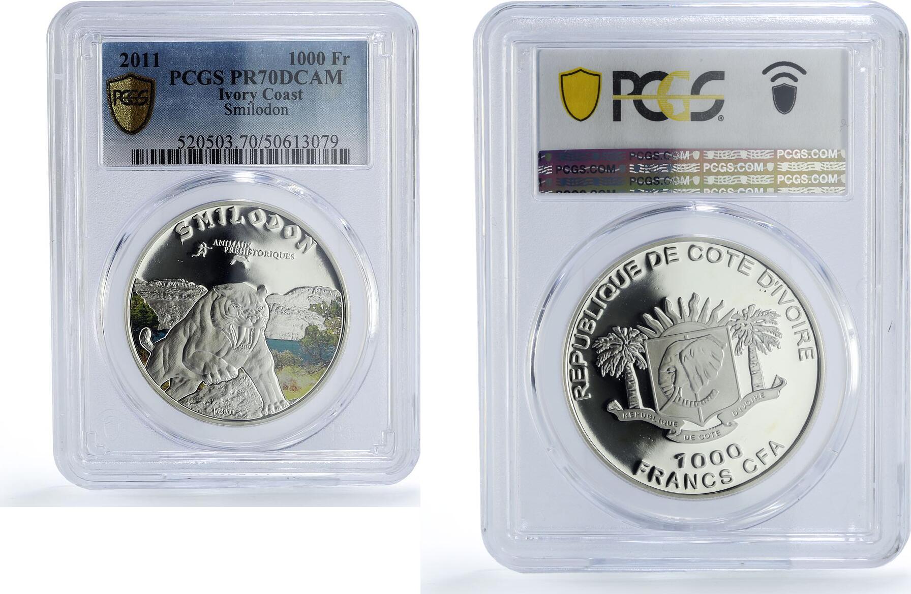 Cote d'Ivoire Ivory Coast 1000 francs Prehistoric Animals Smilodon Tiger PR70 PCGS silver coin ...