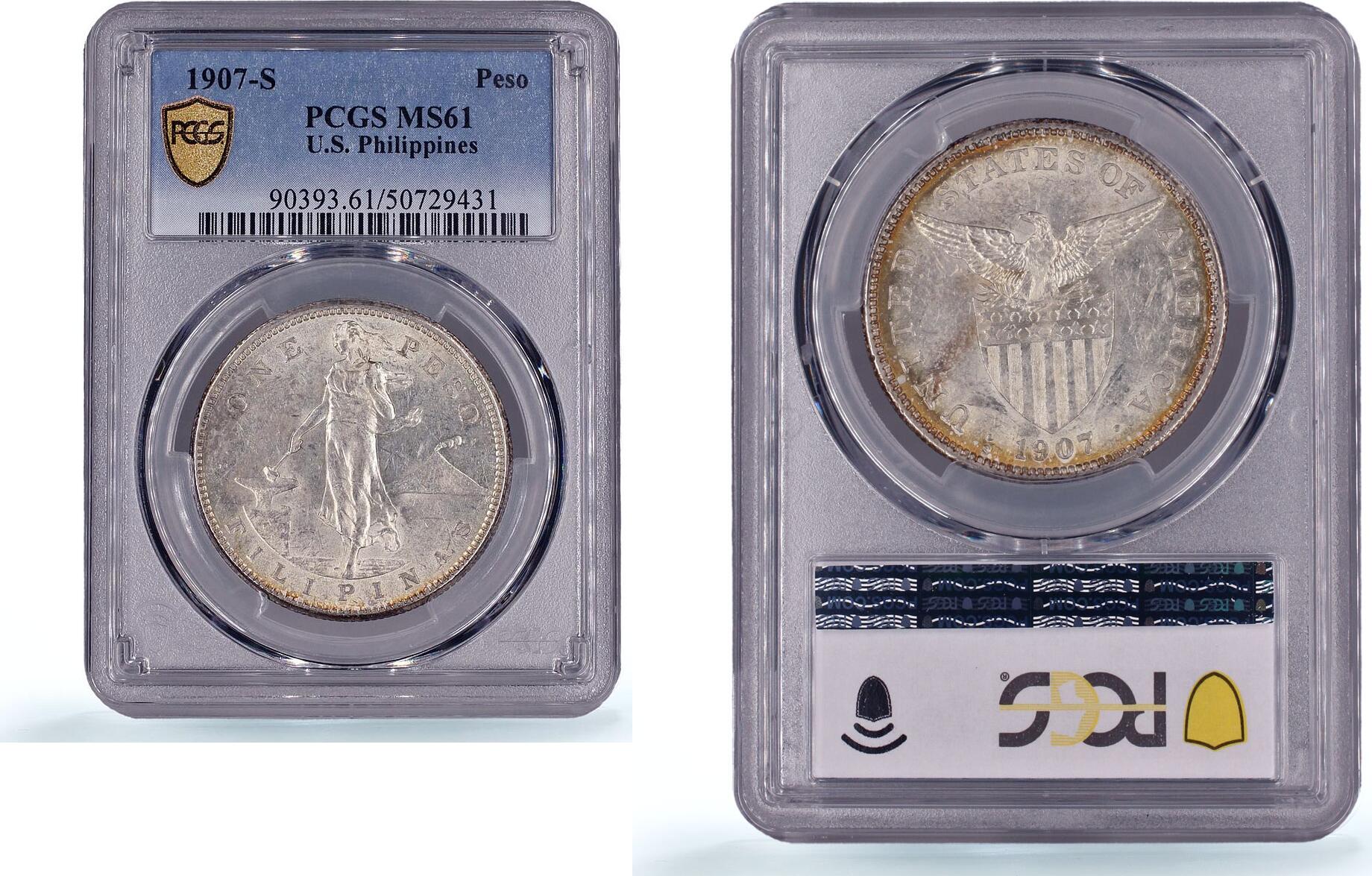 Philippines 1 peso US Decimal Coinage MS61 PCGS silver coin 1907-S UNC | MA-Shops