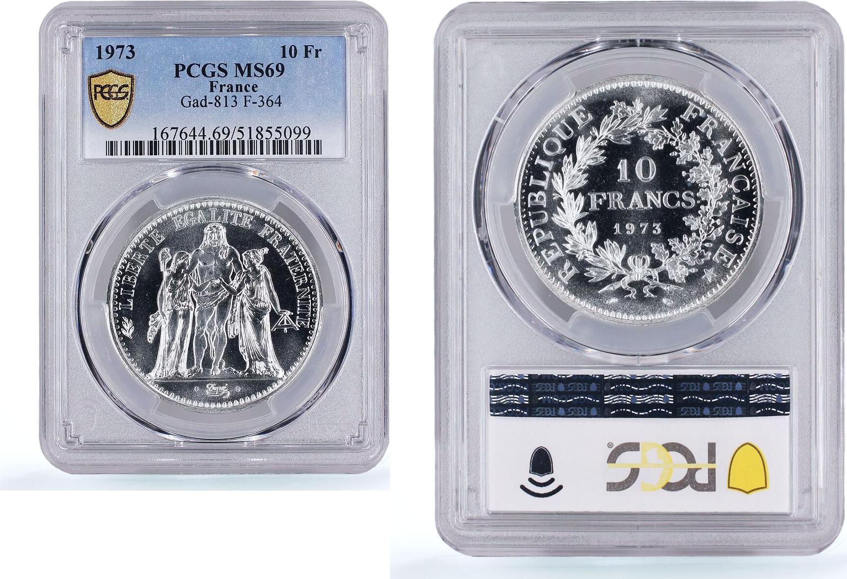 France 10 francs Hercules Liberty Equality Fraternity MS69 PCGS silver coin 1973 UNC | MA-Shops