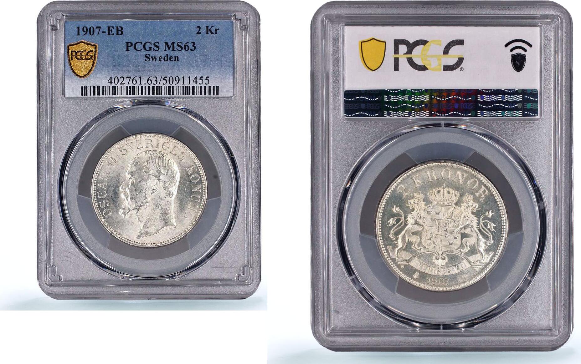 Sweden 2 kronor King Oscar II Coinage KM-773 MS63 PCGS silver coin 1907 ...