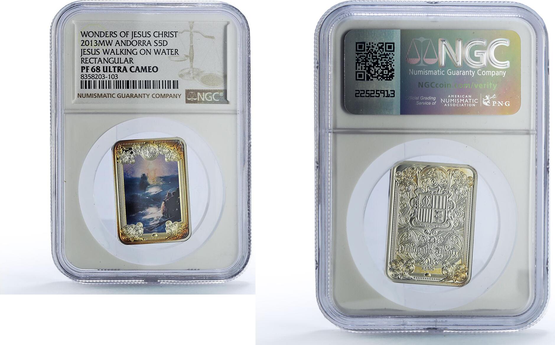 Andorra 5 diners Walking on Water Christ Wonders Art PF68 NGC silver ...