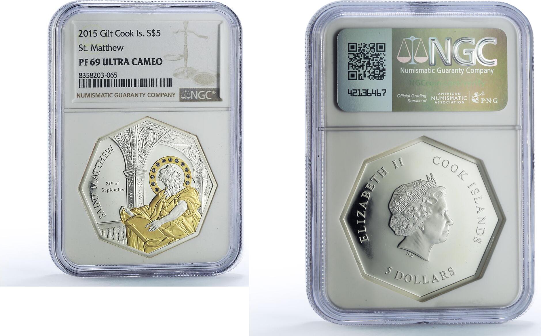 Cook Islands 5 dollars Saint Matthew History Religion Gilt PF69 NGC ...