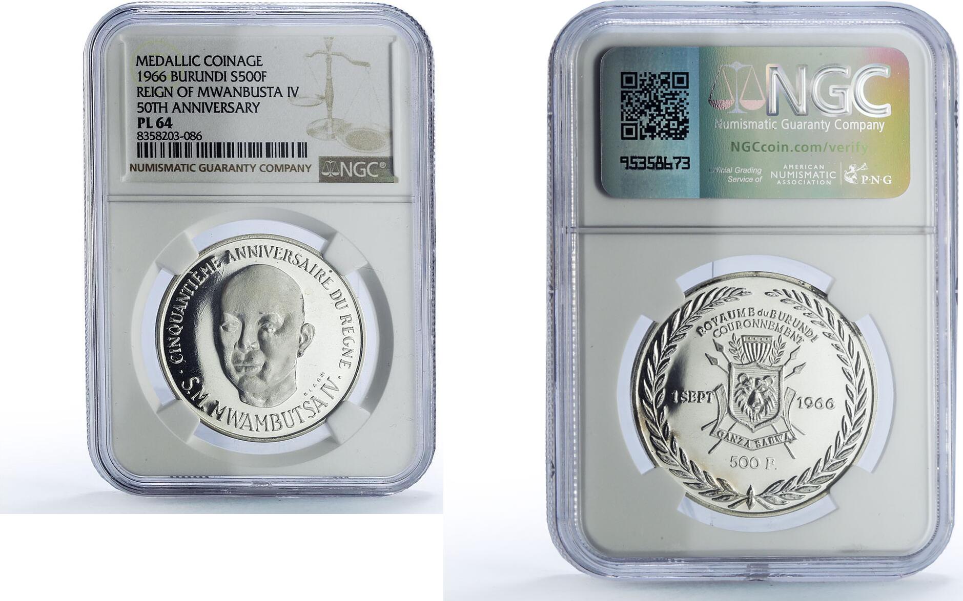 Burundi 500 francs King Mwanbusta IV History Politics PL64 NGC billon ...