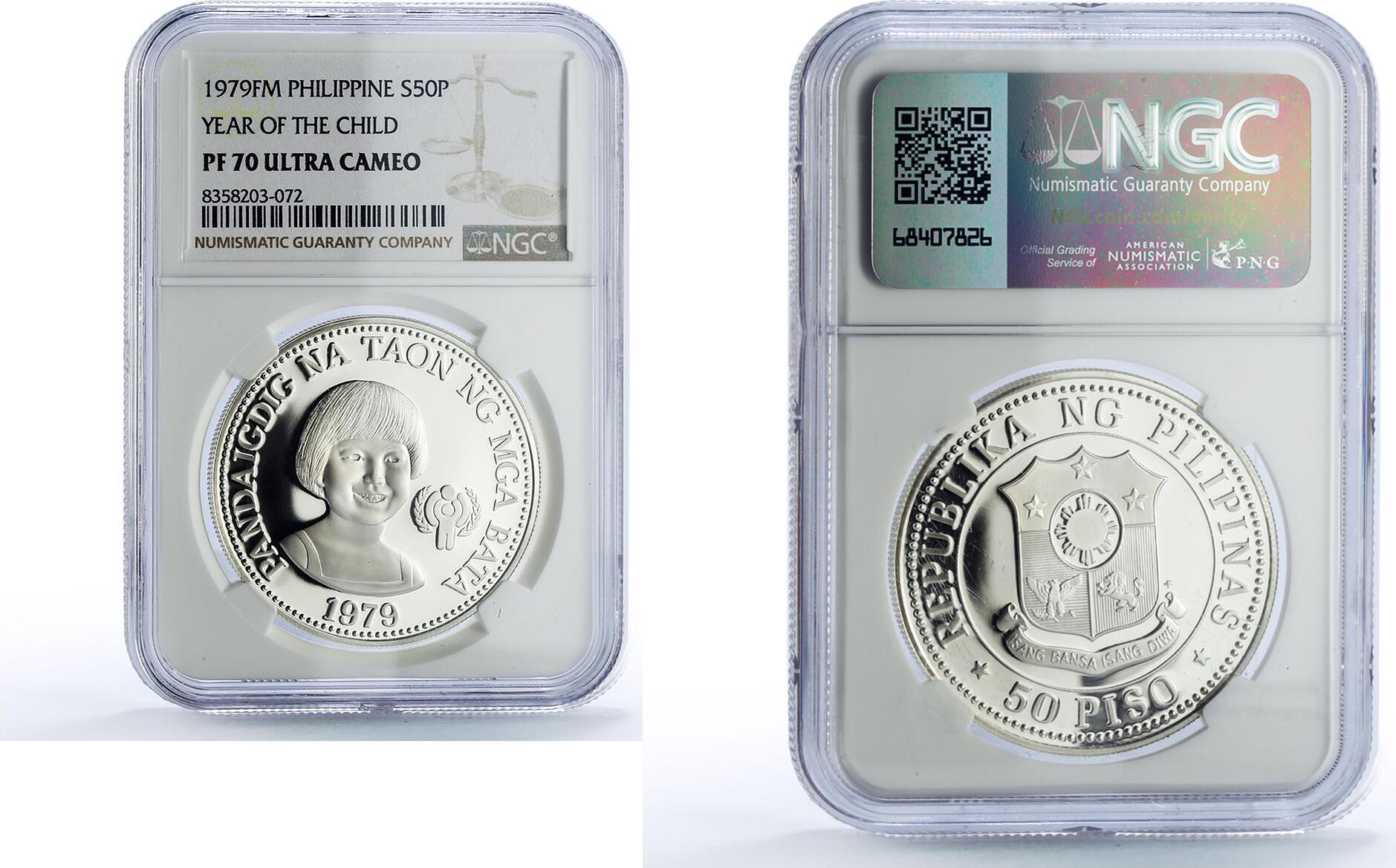 Philippines 50 piso UNICEF Save the Children Child Year PF70 NGC silver ...