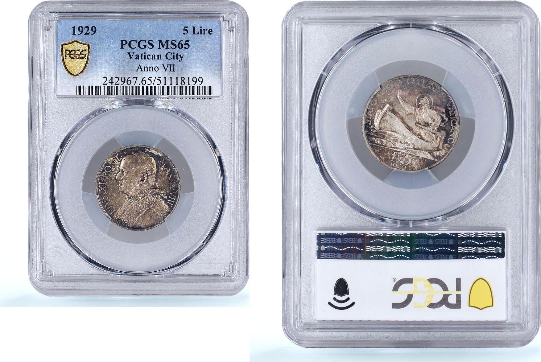 Italy Vatican 5 lire Pope Pius XI Saint Peter in Boat MS65 PCGS silver coin 1929 UNC | MA-Shops