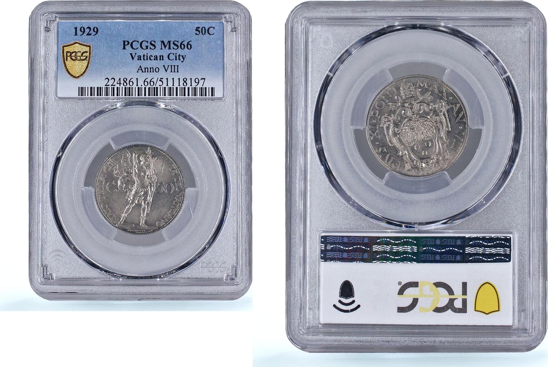 Italy Vatican 50 centesimi Pope Pius XI Archangel Michael MS66 PCGS Ni ...