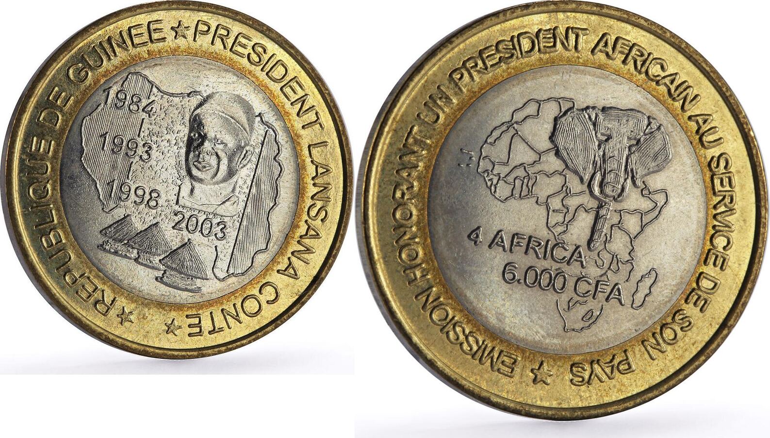 Guinea 6000 francs Lansana Conte Elephant Four Africa Fantasy bimetal ...