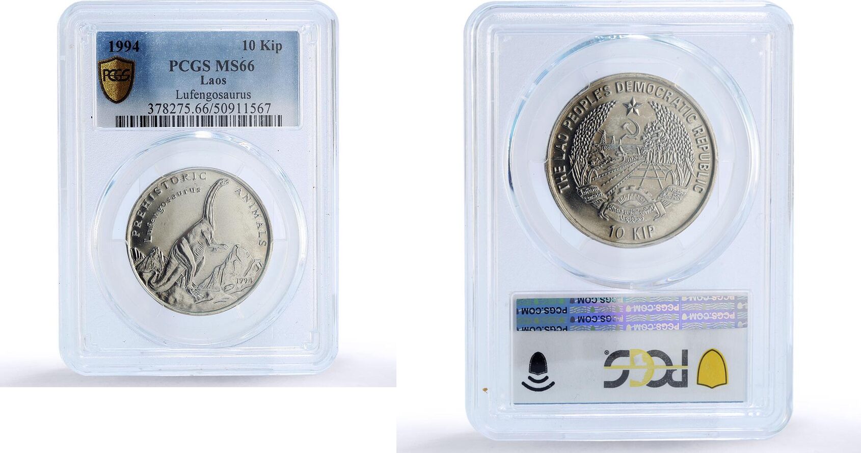 Laos 10 kip Lufengosaurus Prehistoric Dinosaurs Fauna MS66 PCGS CuNi ...