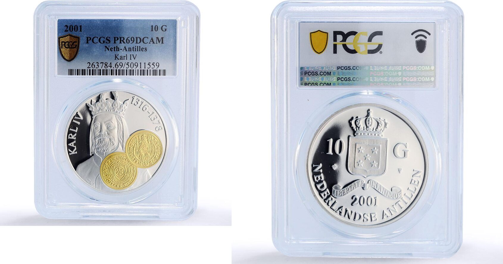 Netherlands Antilles 10 gulden Carolus Karl IV Gilt PR69 PCGS silver ...
