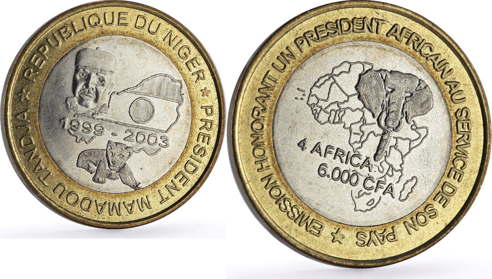 Niger 6000 francs Mamadou Tandja Elephant Four Africa Fantasy bimetal coin 2003 UNC | MA-Shops