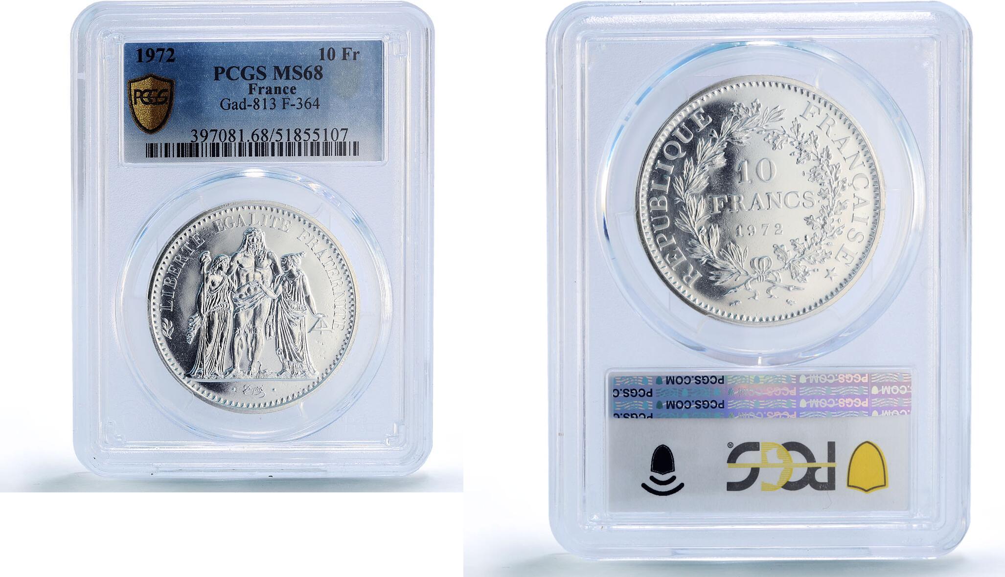 France 10 francs Hercules Liberty Equality Fraternity MS68 PCGS silver ...