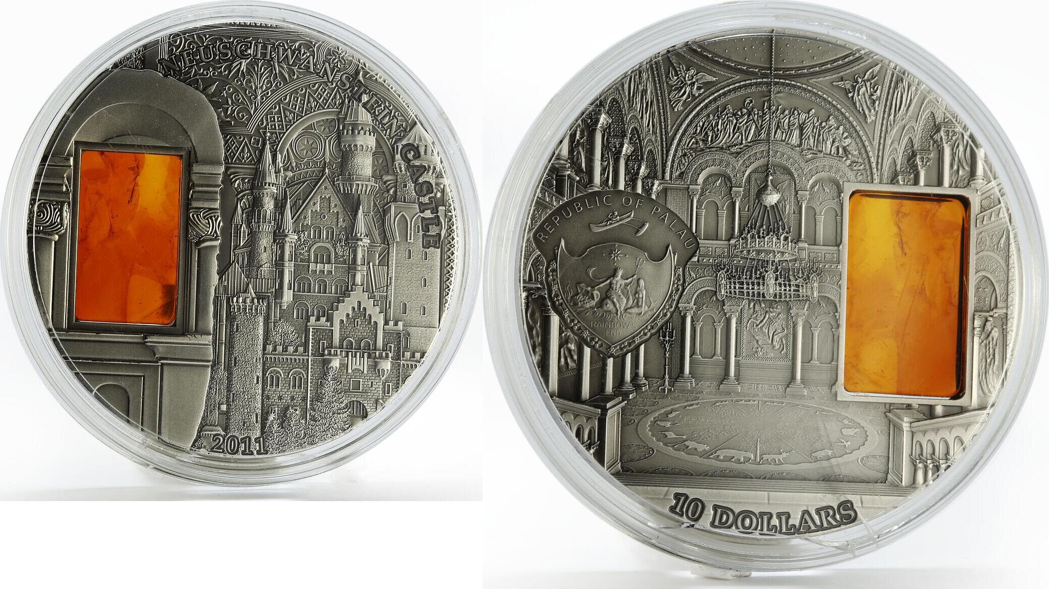 Palau 10 dollars Neuschwanstein Castle with amber silver coin 2011 ...