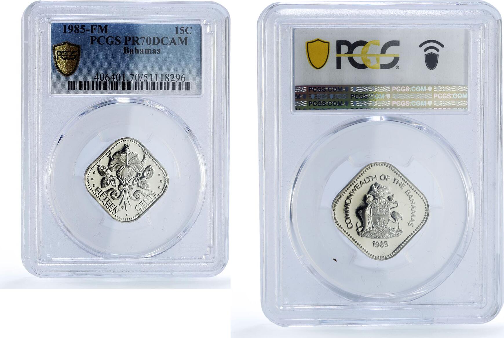 Bahamas 15 cents Republic Coinage Hibiscus Flower PR70 PCGS CuNi coin 1985 Proof | MA-Shops