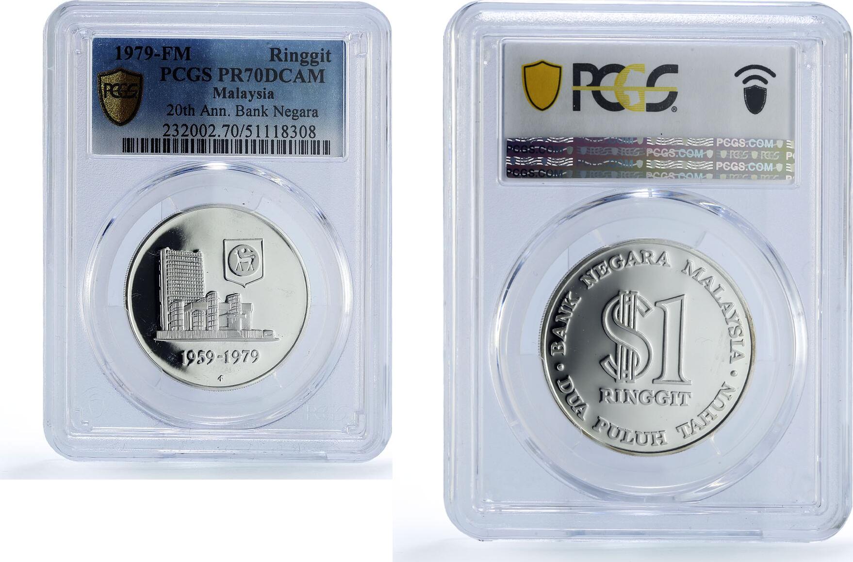 Malaysia 1 ringgit Negara Bank 20th Anniversary PR70 PCGS silver coin ...