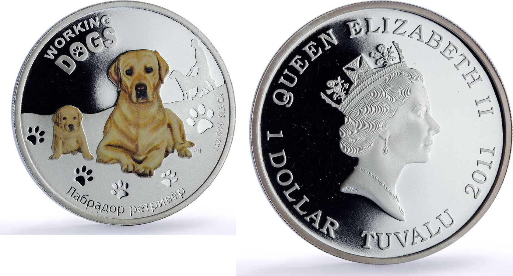 Tuvalu 1 dollar Golden Retriever Working Dogs Color proof silver coin ...