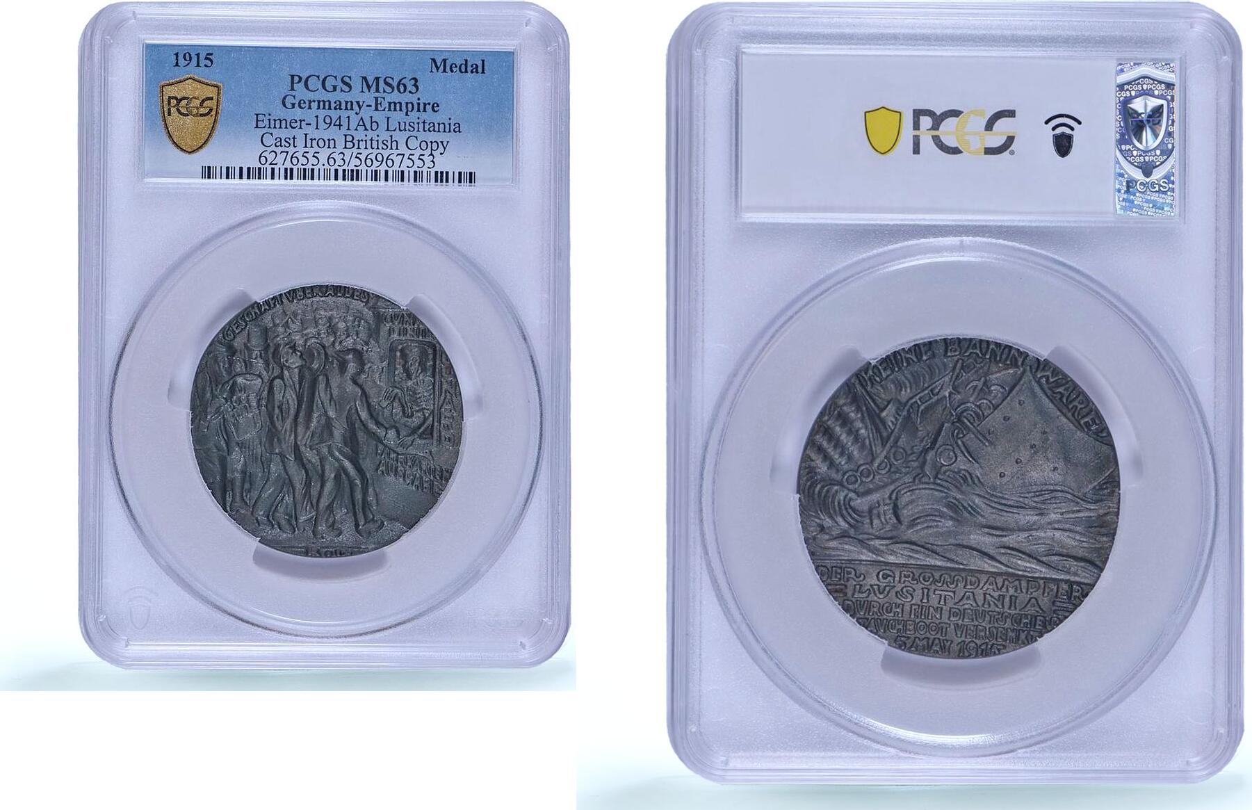 '-1 Germany Empire Lusitania Ship British History MS63 PCGS iron medal 1915 UNC | MA-Shops