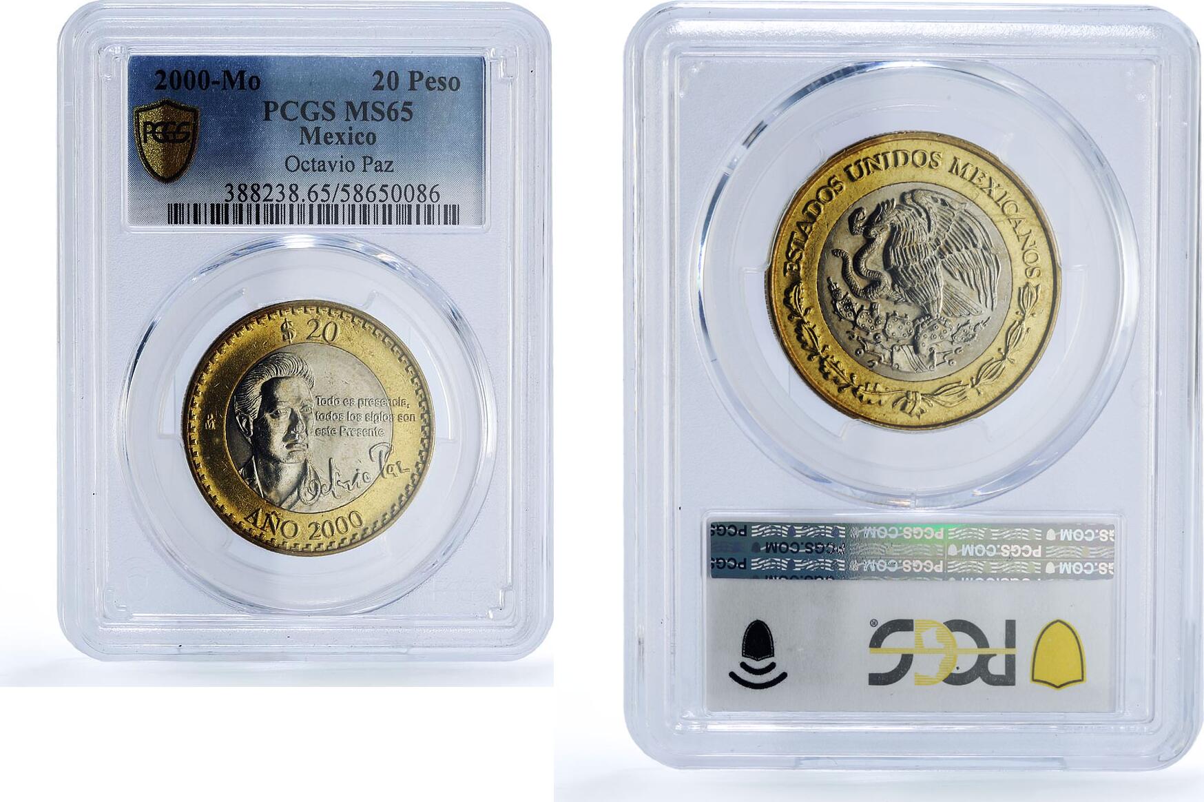 2000 Mexico 20 pesos Octavio Paz Rev. KM-638 MS 66 PCGS bimetal coin ...