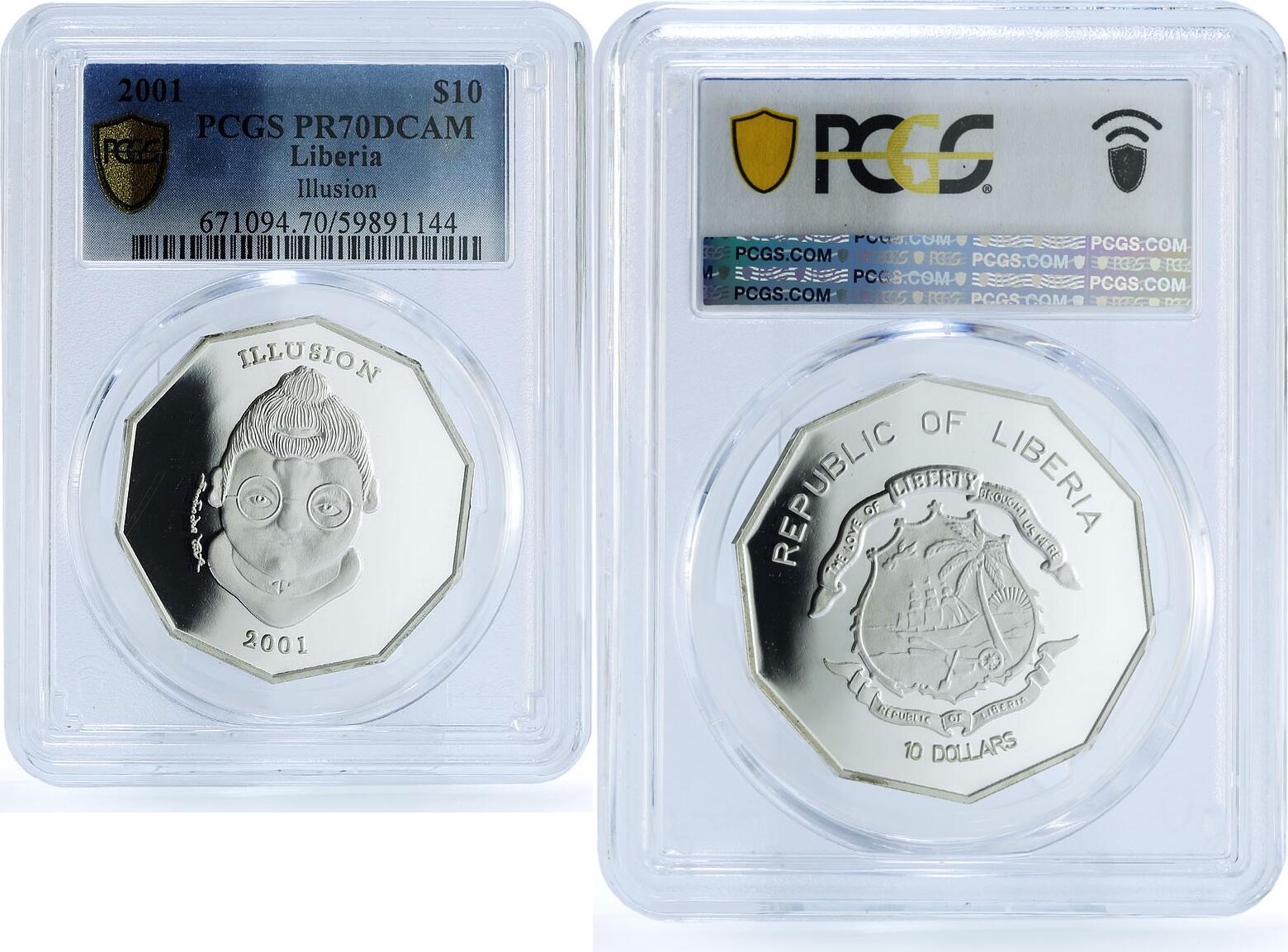 Liberia 10 dollars Illusion KM-491 Art PR 70 PCGS silver coin 2001 ...