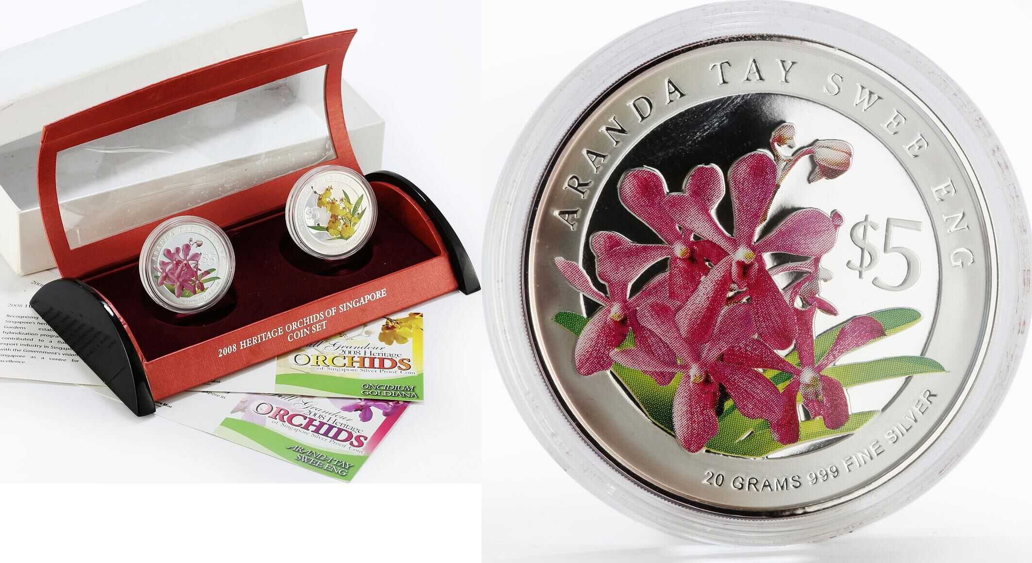 Singapore set of 2 coins 5 dollars Orchids Flora silver coloured coin ...