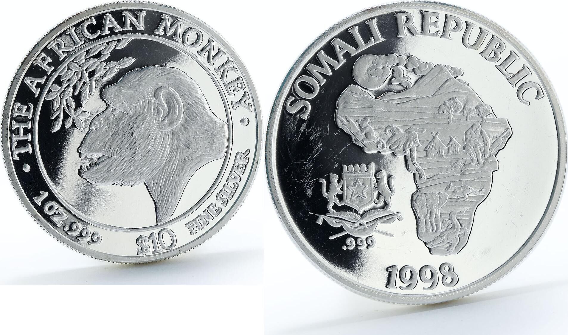 Somalia Somali 10 dollars The African Monkey proof silver coin 1998 ...