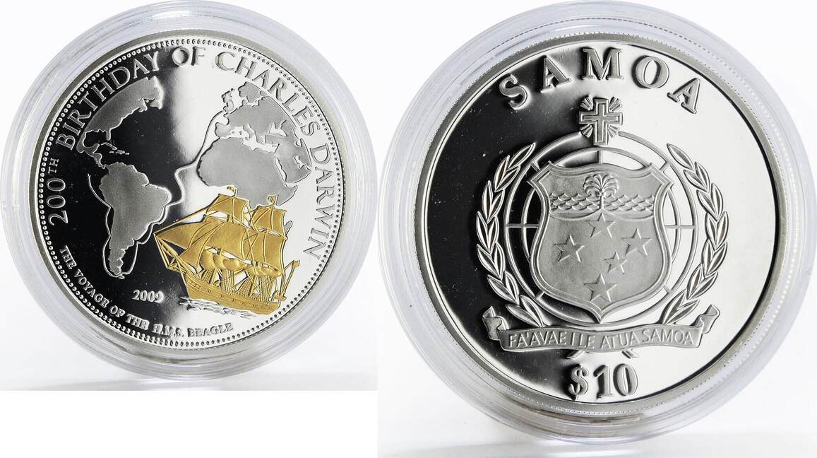 Samoa 10 dollars 200th Birthday of Charles Darwin Beagle proof silver ...