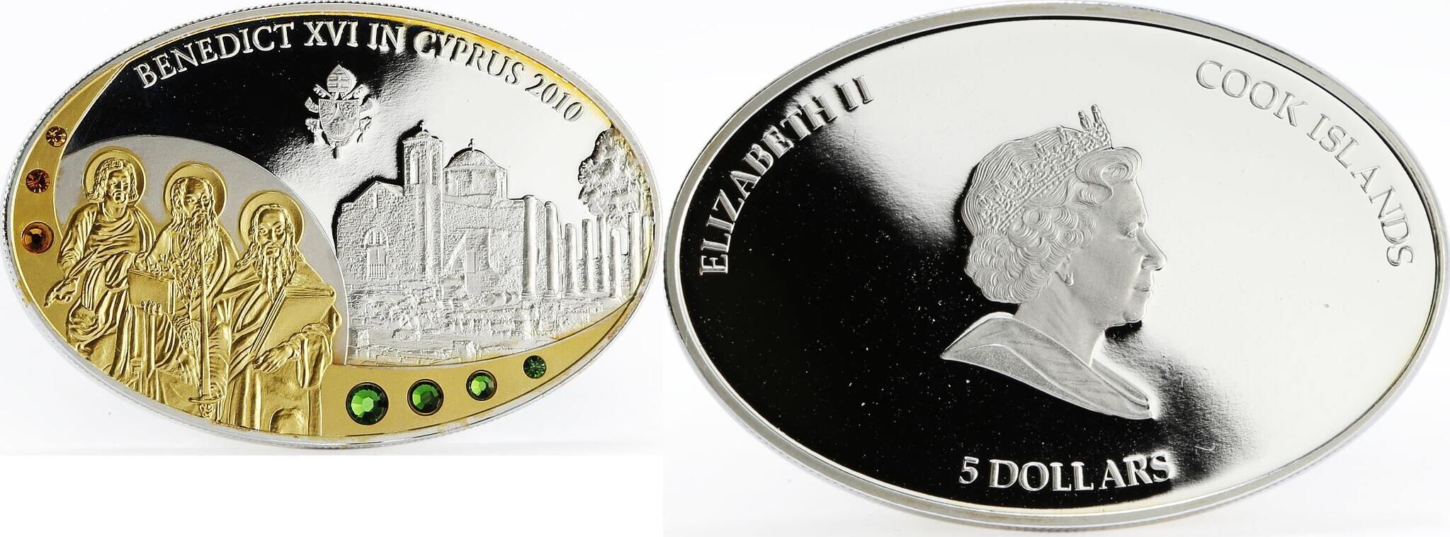 Cook Islands 5 dollars Benedict XVI in Cyprus gilded silver coin 2010 ...