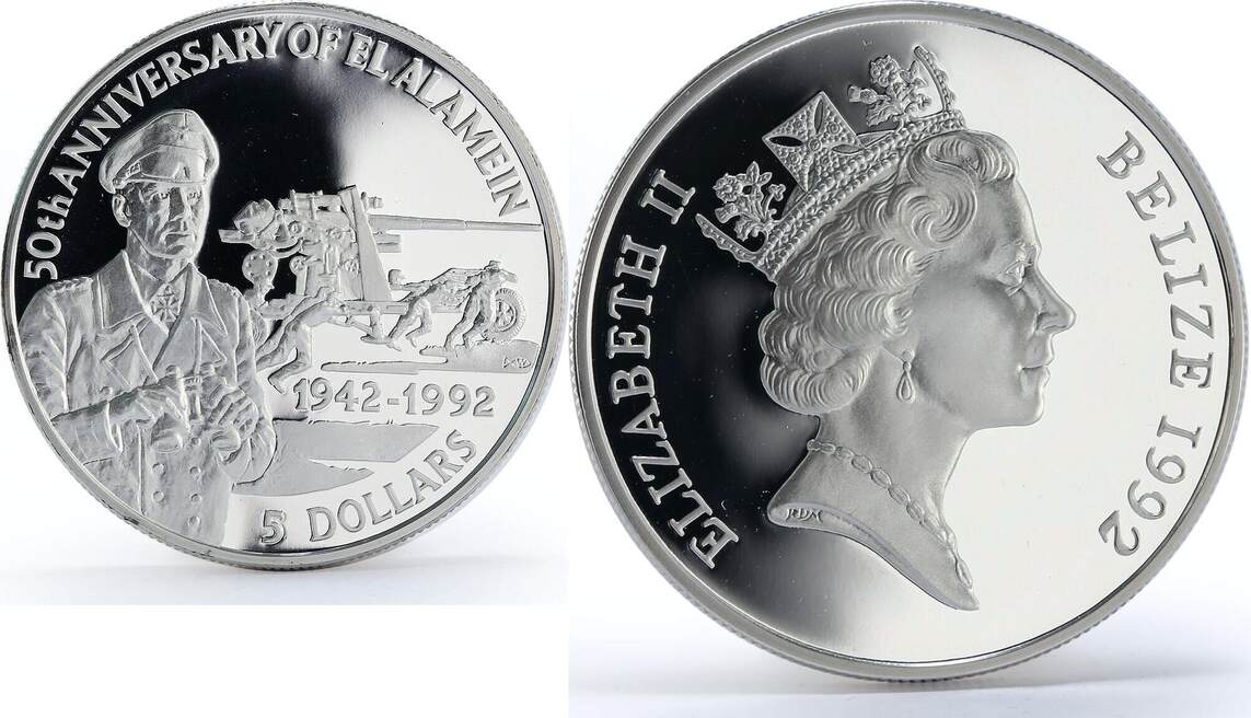 Belize 5 dollars 50th Anniversary of El Alamein Erwin Rommel proof ...