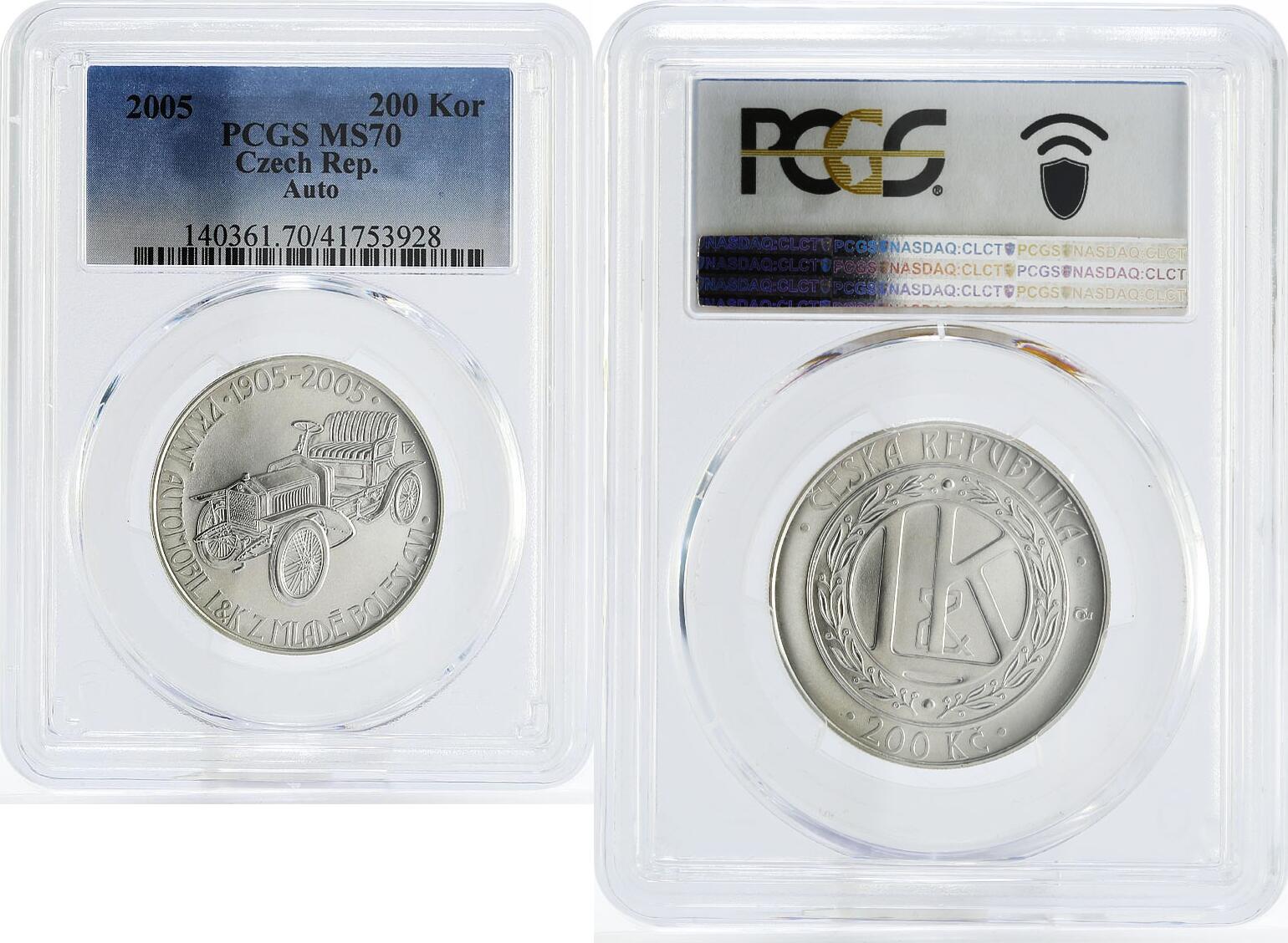 Czech Republic 200 korun Centennial of Car Production MS70 PCGS silver coin 2005 UNC | MA-Shops