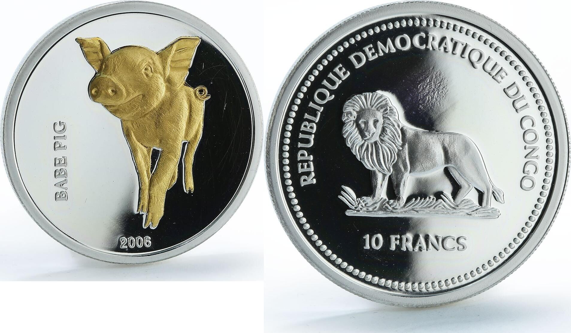 Congo 10 francs Happy Babe Pig Animal gilded silver coin 2006 Proof ...