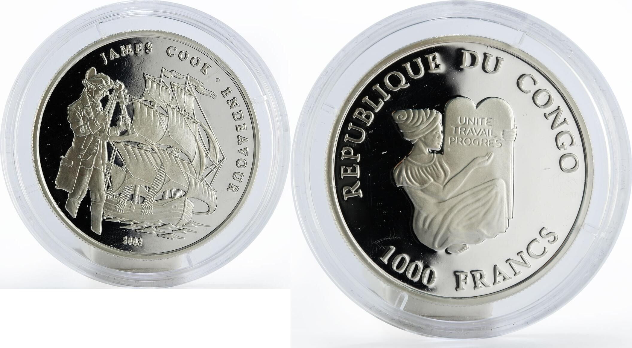 Congo 1000 francs Seafaring Endeavour Ship Clipper James Cook silver ...