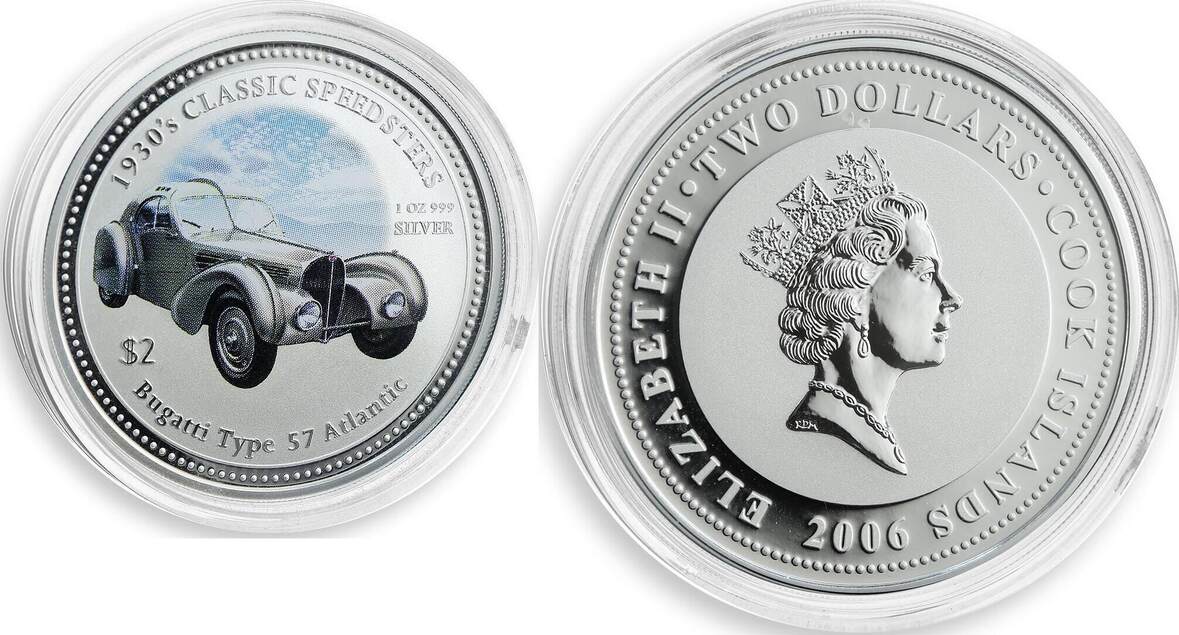 2 dollars Cook Islands $2 1930 Classic Speedster 1935 Bugatti 57 ...