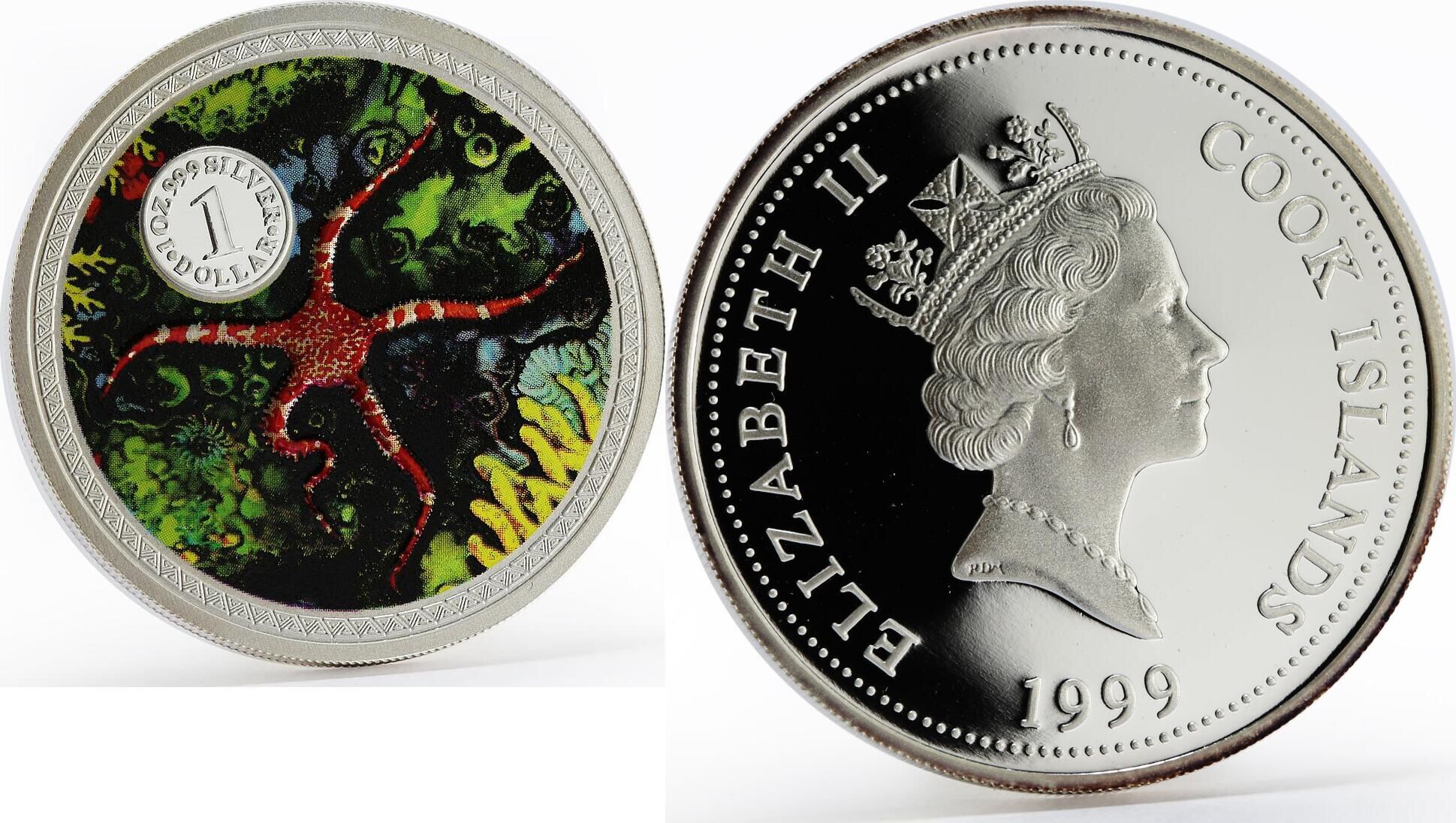 Cook Islands 1 dollar Tropical Fish Starfish silver coin 1999 Proof ...