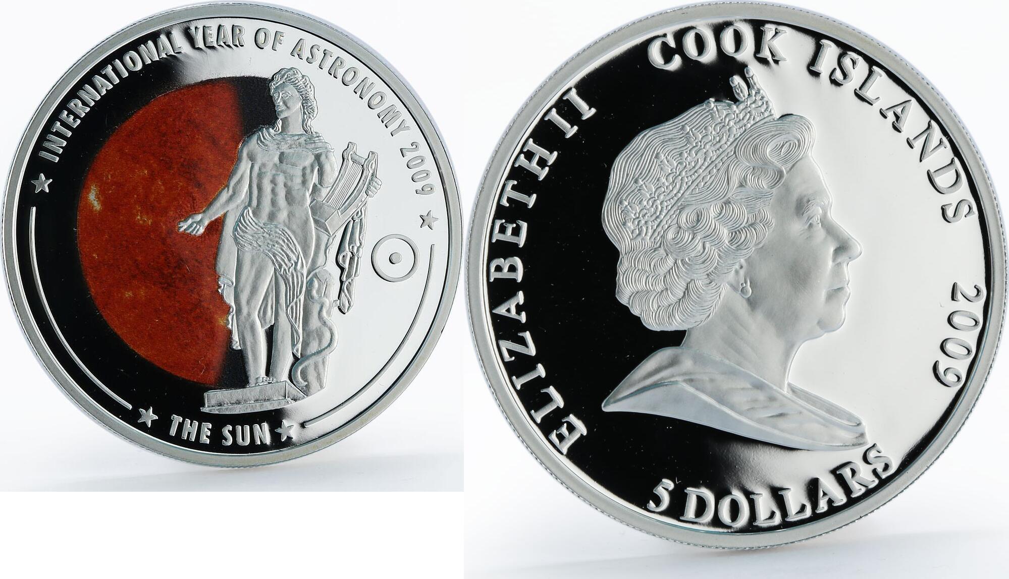 Cook Islands 5 dollars Astronomy The Sun colored proof silver coin 2009 ...