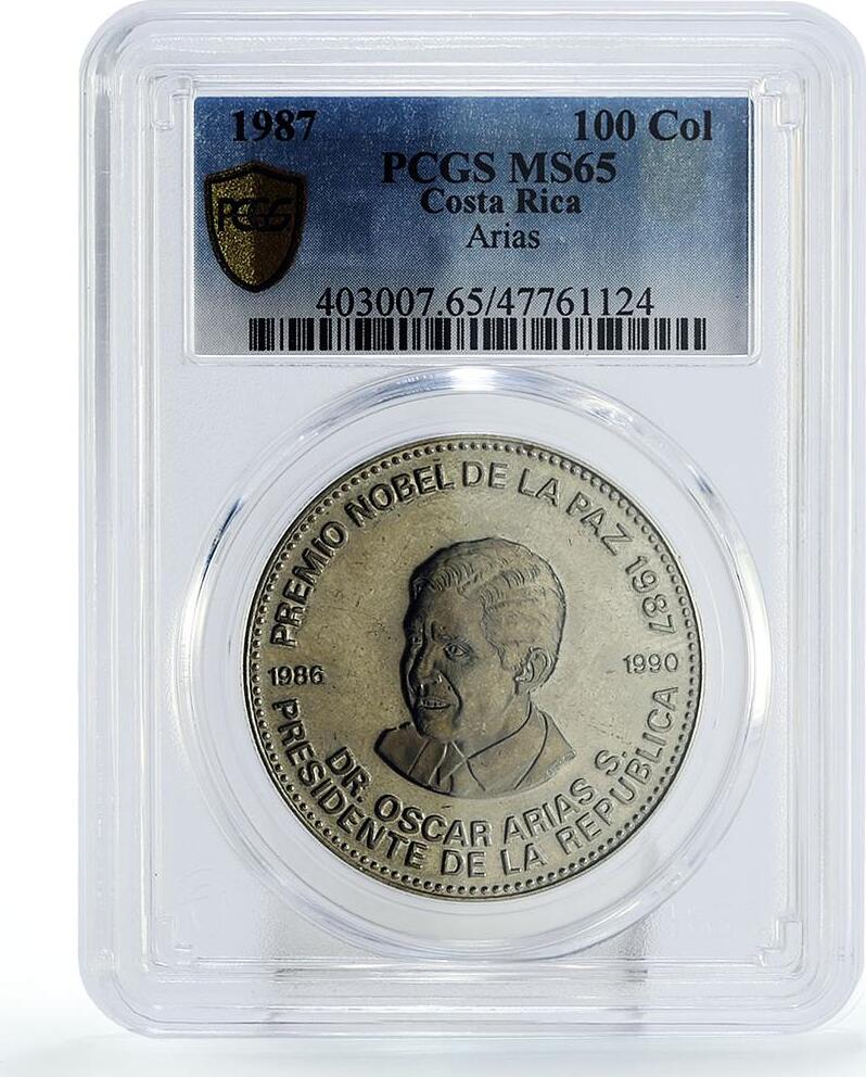 Costa Rica 100 colones President Oscar Arias Nobel Prize MS65 PCGS Ni ...