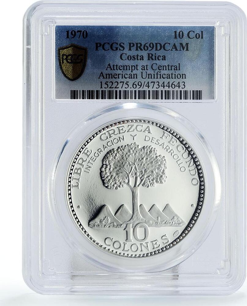 Costa Rica 10 colones Central American Unification Tree PR69 PCGS Ag ...