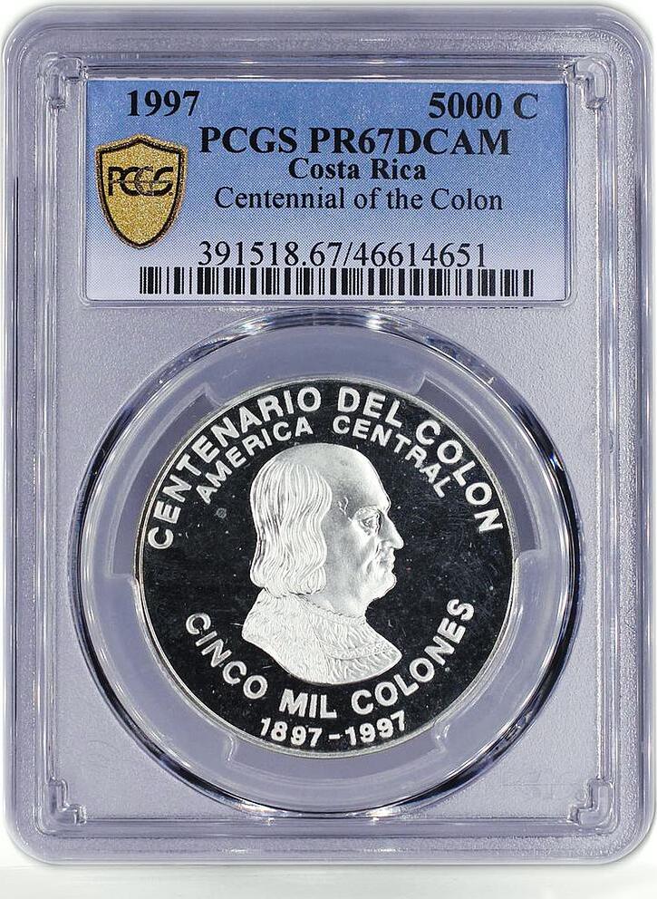 Costa Rica 5000 colones 100 Years Colone Columbus Ship PR67 PCGS Ag ...