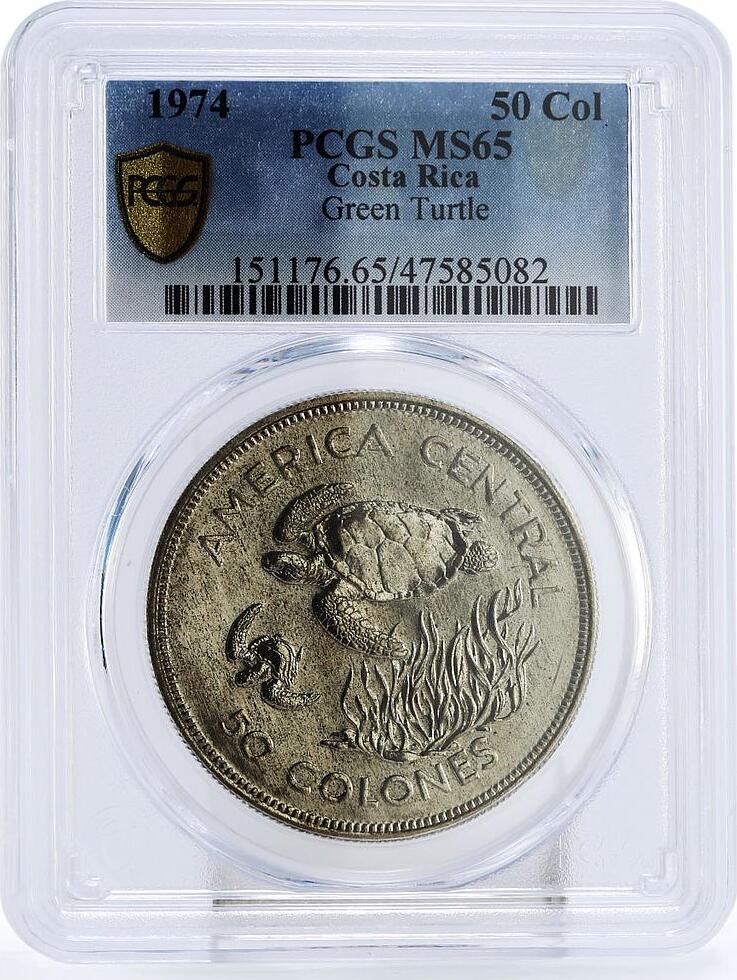 Costa Rica 50 colones Conservation Green Turtle MS65 PCGS silver coin ...