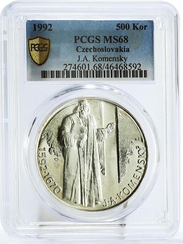 Czech Republic Czechoslovakia 500 korun Birthday Comenius Komensky MS68 PCGS silver coin 1992 ...
