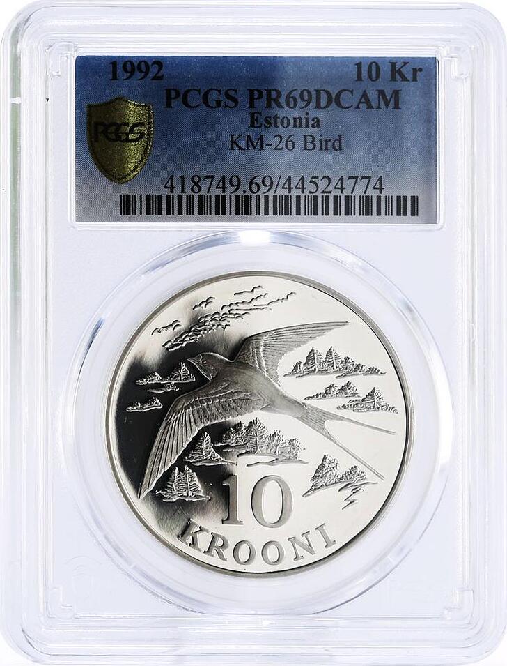 Estonia 10 krooni Barn Swallow Bird PR69 PCGS proof silver coin 1992 ...
