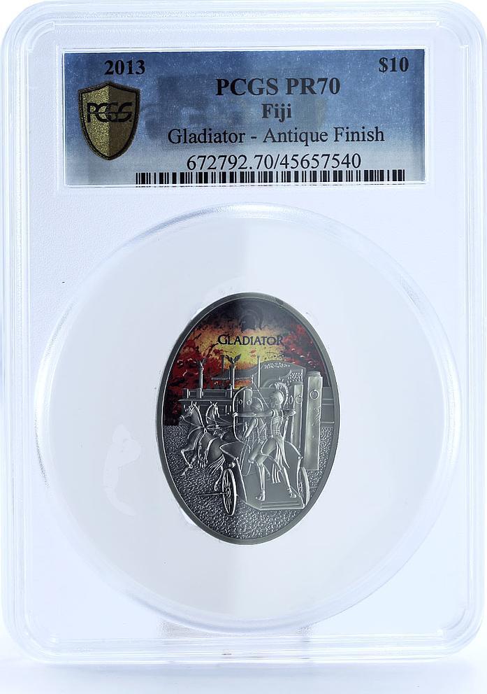 Fiji 10 dollars Gladiator Ancient Rome Colosseum PR70 PCGS silver coin ...