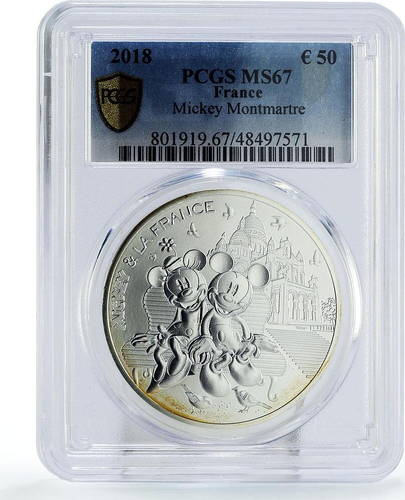 France 50 euro Mickey Mouse Montmartre Cartoons MS67 PCGS silver coin ...