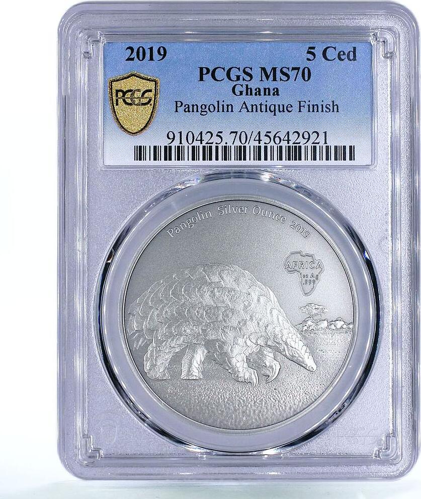 Ghana 5 cedis Endangered Wildlife Pangolin Fauna MS70 PCGS silver coin ...