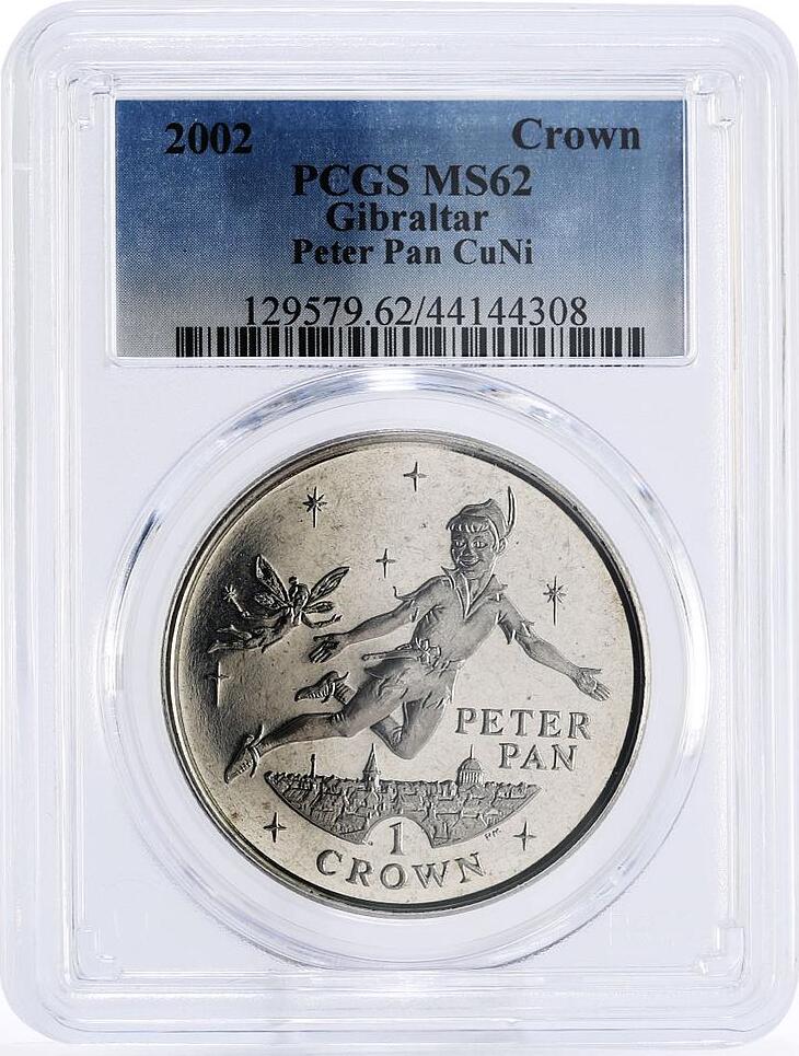 Gibraltar 1 crown Peter Pan and Tinkerbell Literature MS62 PCGS CuNi ...