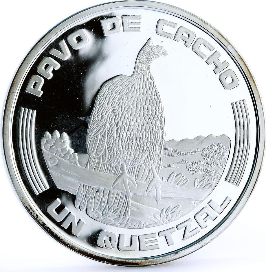 Guatemala 1 quetzal Ibero America Horned Guan Bird Fauna proof silver ...